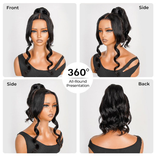 Body Wave Invisi Drawing 360 Lace Wig High Ponytail With Bangs Glueless ...