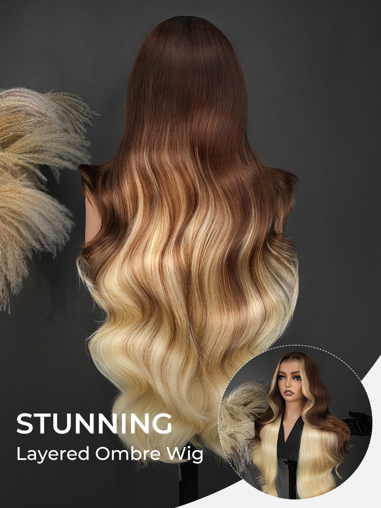 Pre-Styled Brown Ombre Blonde Skunk Stripe Layered Wavy Wig -Alipearl Hair