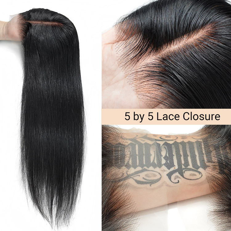 Straight 5x5 Lace Closure Brazilian Human Hair Swiss Lace Pre-Plucked ...