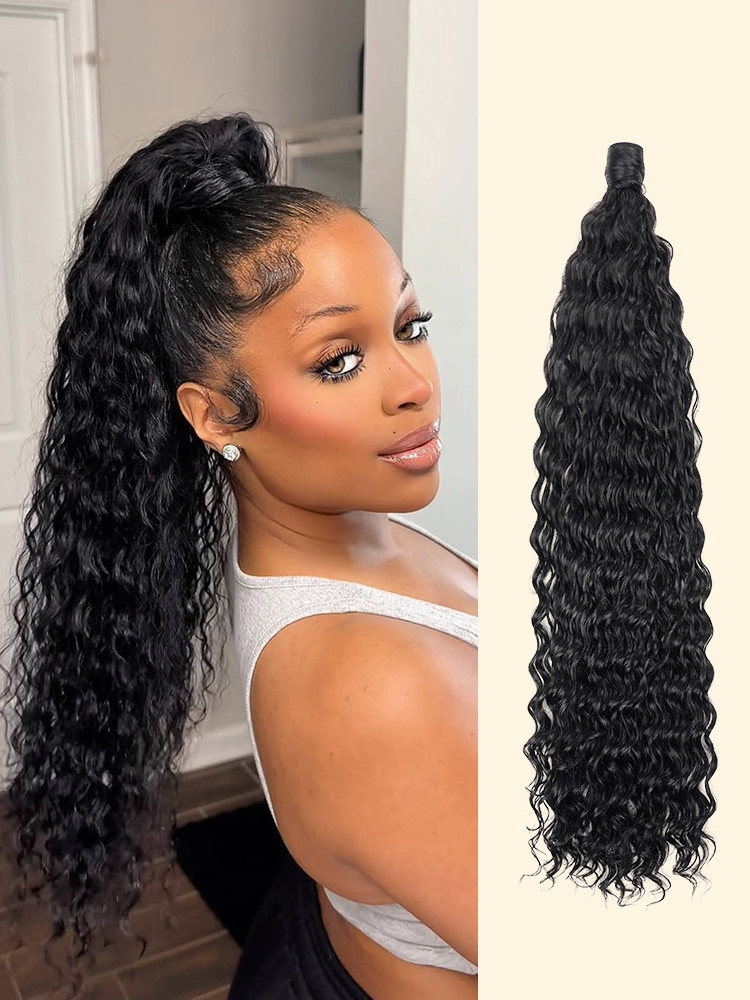 Natural Black Loose Deep Wave Clip-In Ponytail Hair Extension With Hair ...