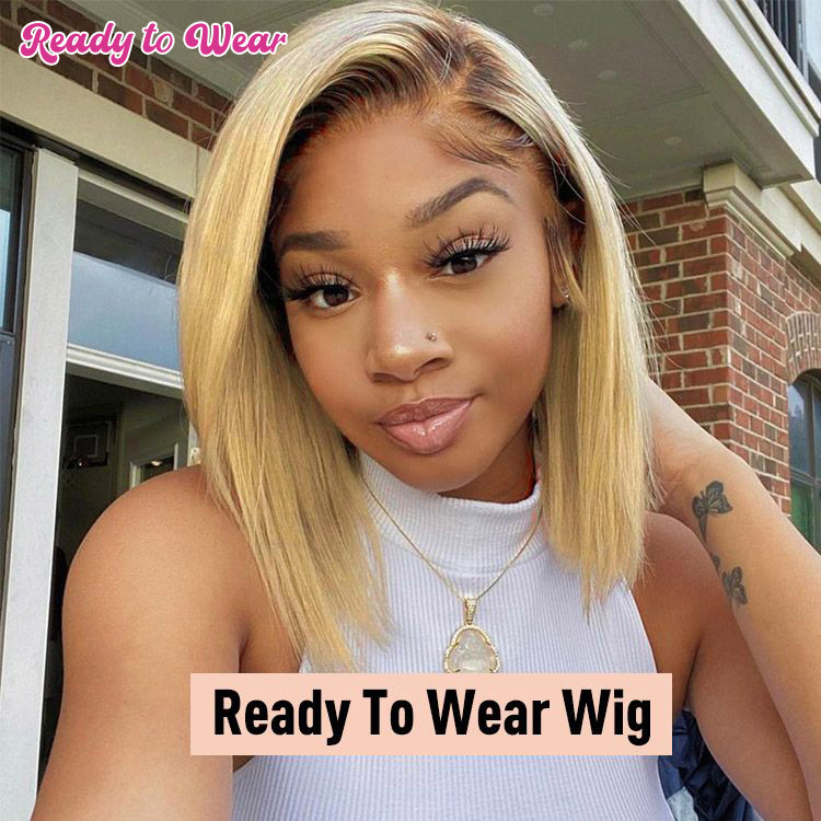 Ready To Wear - Short Ombre Blonde Bob Wigs T4/613 Color Straight Ready ...